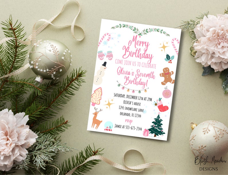 Editable Merry Birthday Invitation, Christmas Child Birthday Invitation ...