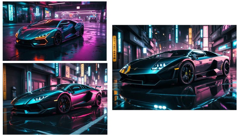 3 Neon Lamborghini Aventador, Mercielago, Revuelto Wall Art Digital ...