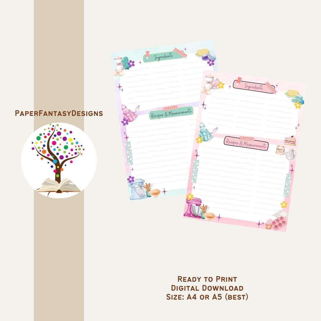 Kawaii Recipe Notepad, Printable Notepad, Recipe Notepad, Digital Notepad, Notepad Template ...
