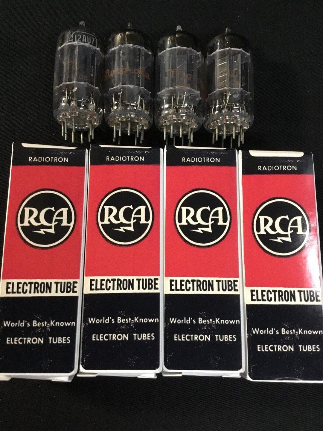 Matched QUAD 4 RCA 12AU7 Long Black Plate Getter Vacuum Tubes 1950's 4. ...