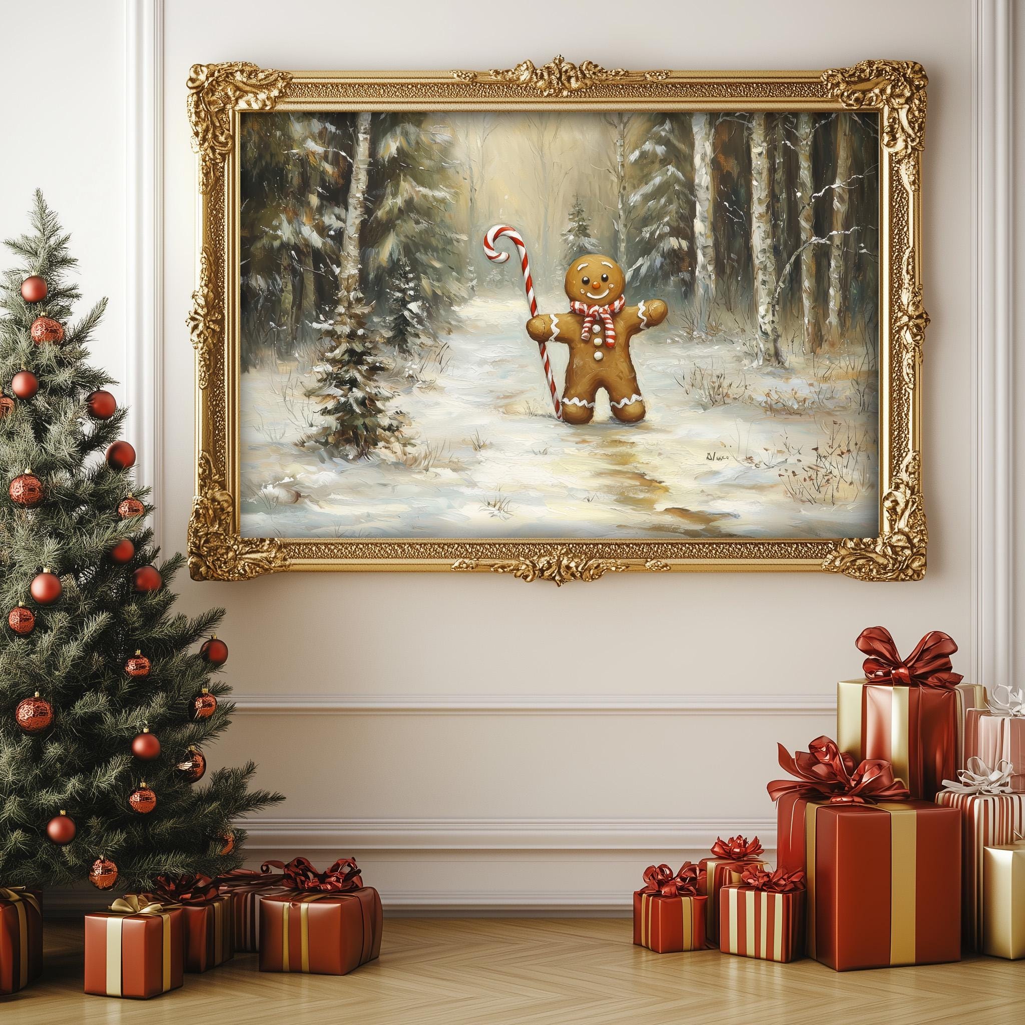 Vintage Christmas Wall Art Christmas Oil Painting Gingerbread Man Book ...