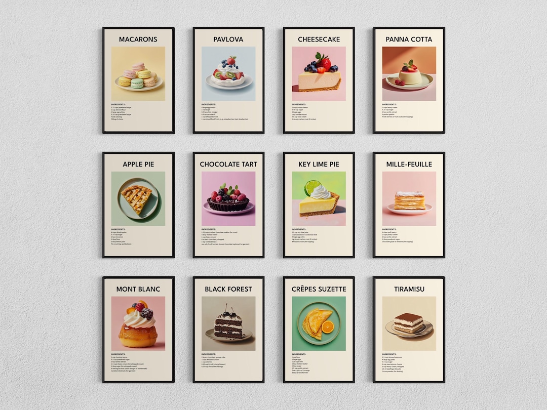 Bakery Art, Set of 12 Classic Pastries Desserts Prints, French Bakery ...