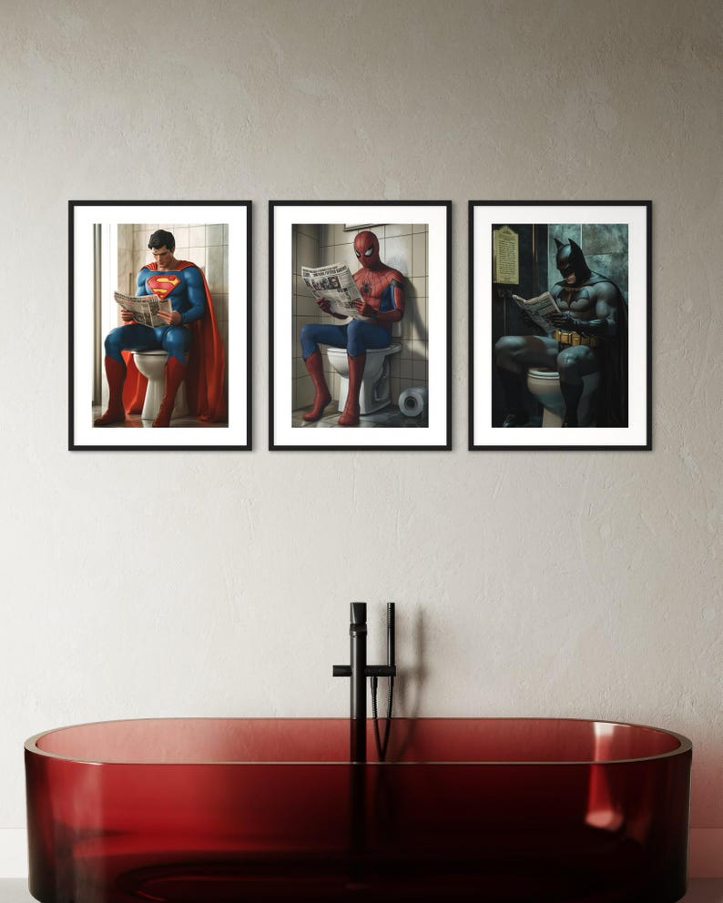 Superhero Bathroom Art Prints: Funny Comic Book Decor (set of 3 ...