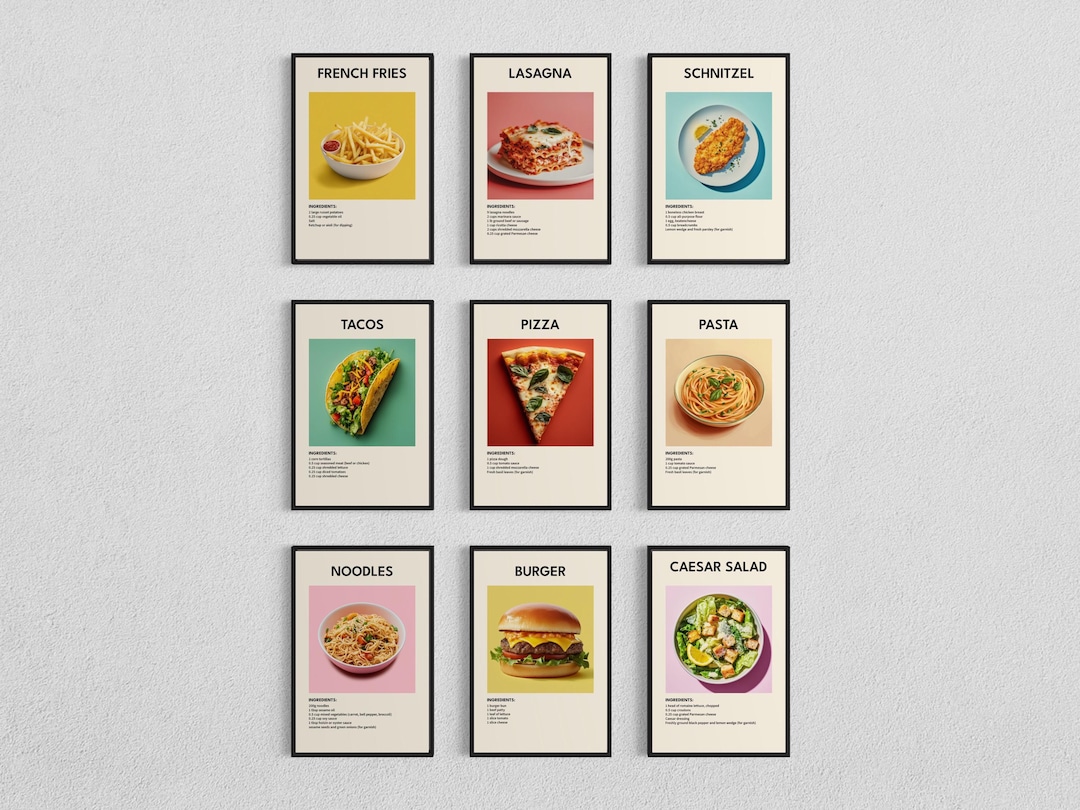 Set of 9 Food Prints Classic Kitchen Wall Art Minimalist Culinary Decor ...