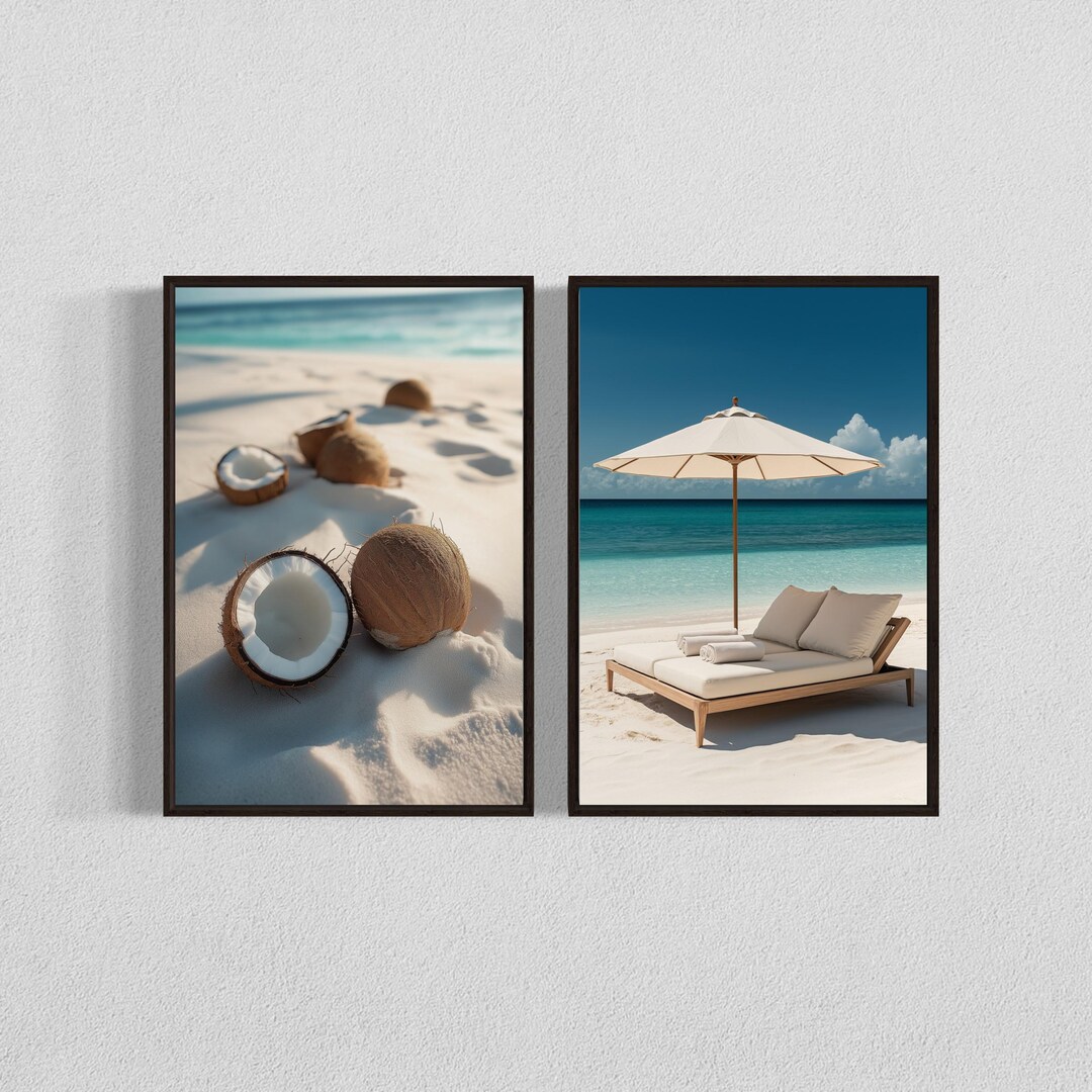 Set of 2 Coconuts on Sand Wall Art Prints Digital Download Tropical ...