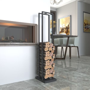 Slim Vertical Firewood Rack: Modern Black Metal Log Holder - Etsy