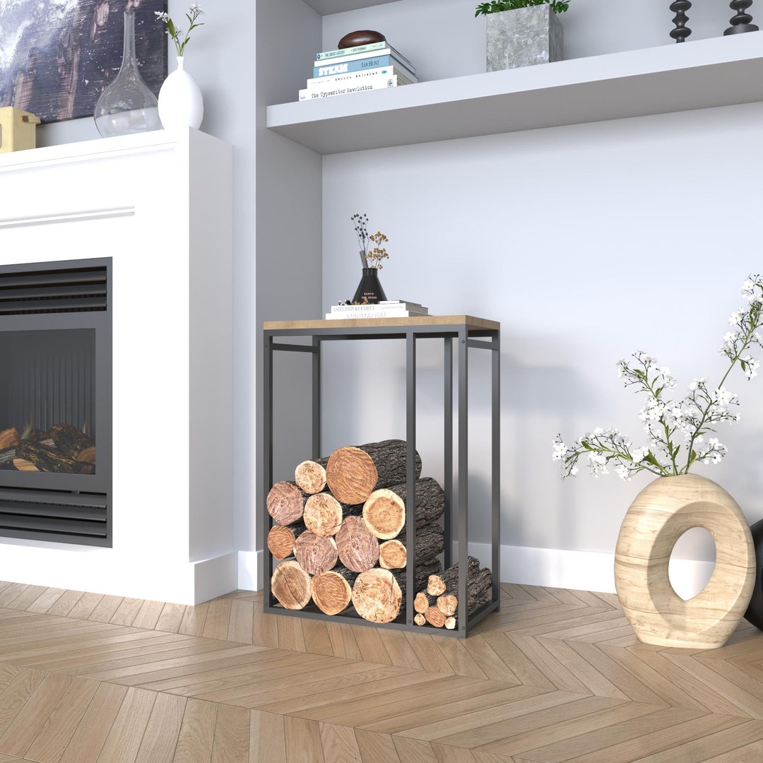 Modern Firewood Rack With Wood Tabletop, Metal Log Holder - Etsy
