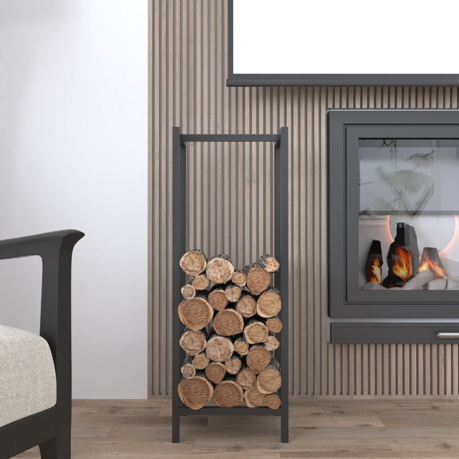 Modern Fireplace Wood Rack, Sleek Vertical Firewood Stand, Space-saving ...