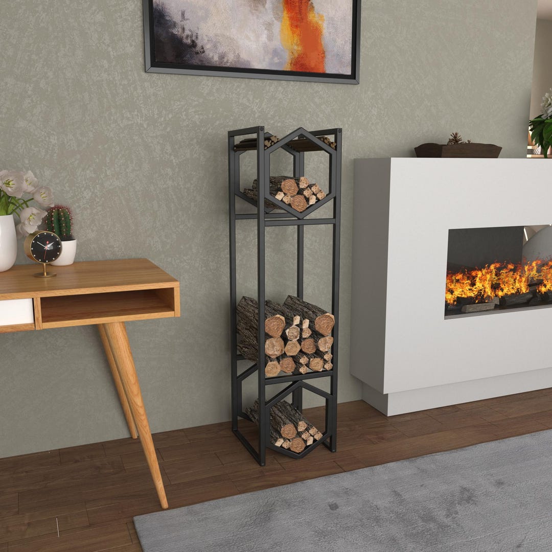 Modern Hexagonal Firewood Rack, Metal Log Holder With Shelves, Stylish ...