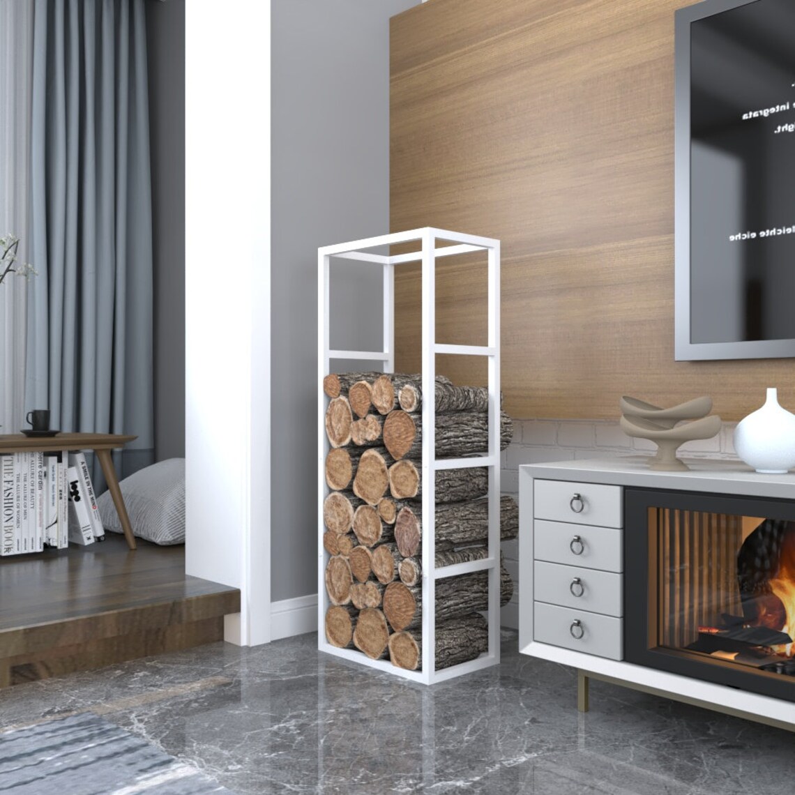 Tall Modern Firewood Rack for Indoor Use, Metal Log Holder, Vertical ...