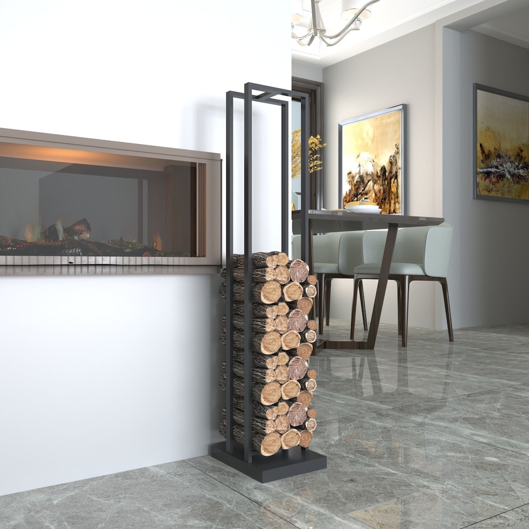Slim Vertical Firewood Rack: Modern Black Metal Log Holder - Etsy
