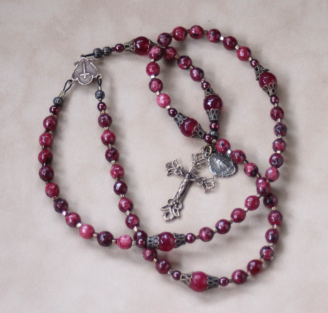 Dark Cranberry Red Malaysia Jade Catholic Rosary ~ Bronze 2 Sided ...