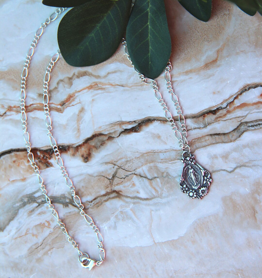 925 Sterling Silver ~ Mary With Flowers Miraculous Medal ~ 18" Sterling ...