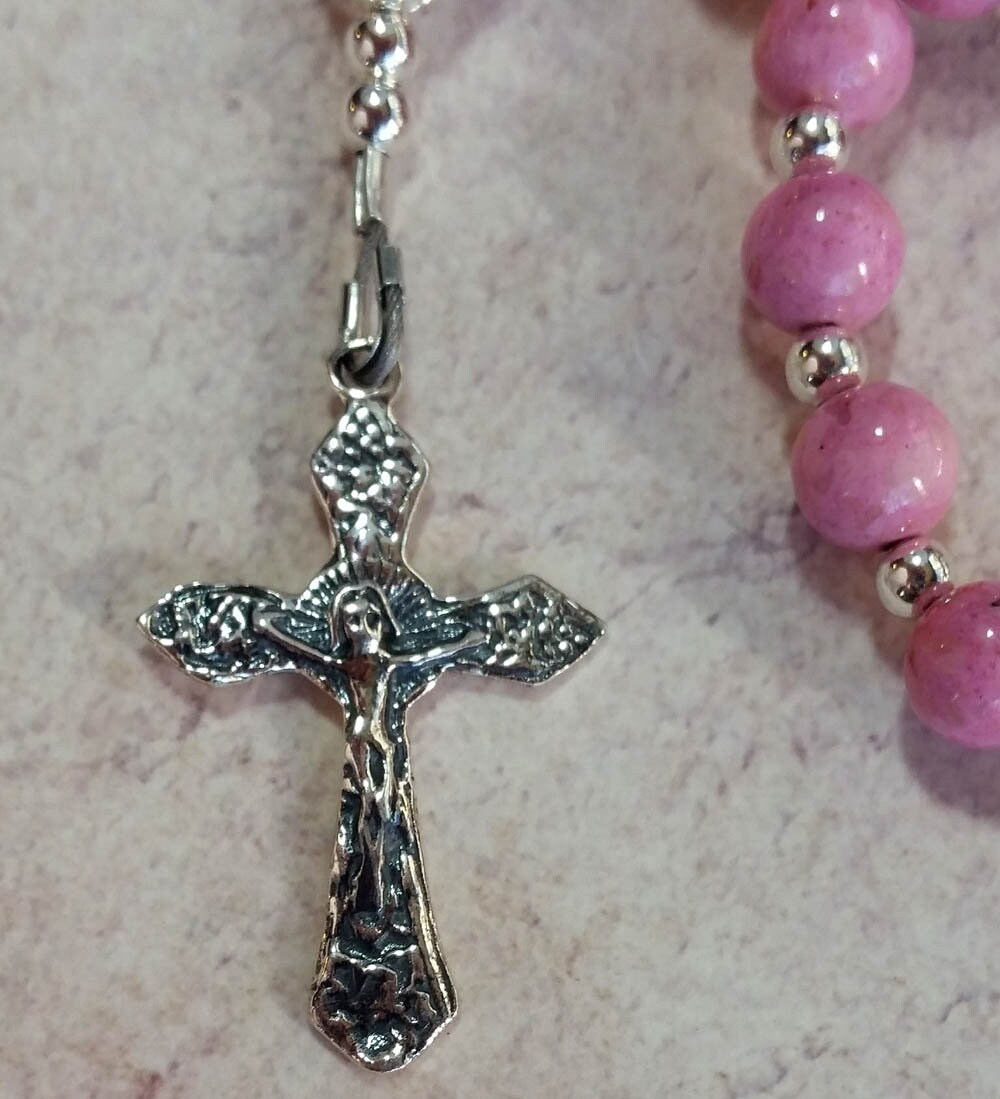 Sterling Silver/ Pink River Stone Gemstone/crystal 5 Decade Catholic ...