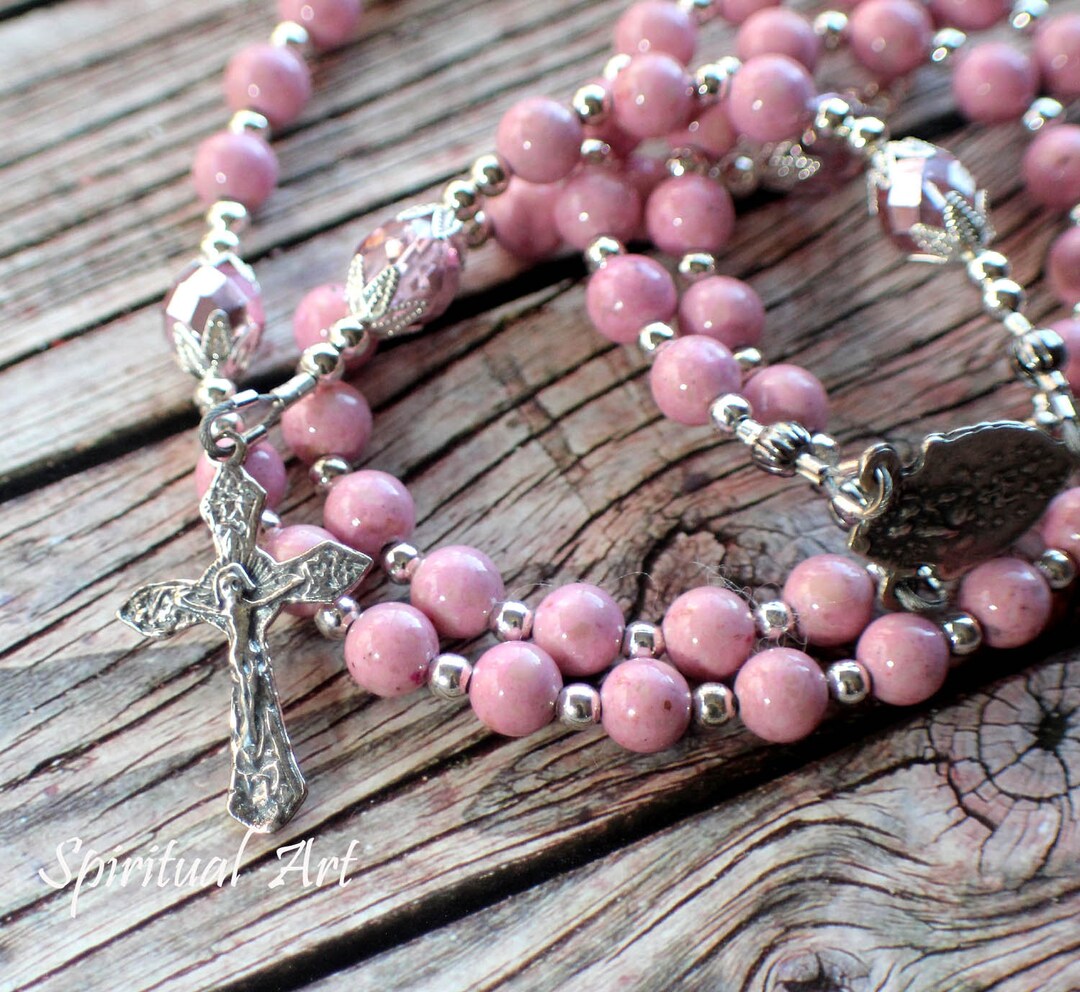 Sterling Silver/ Pink River Stone Gemstone/crystal 5 Decade Catholic ...