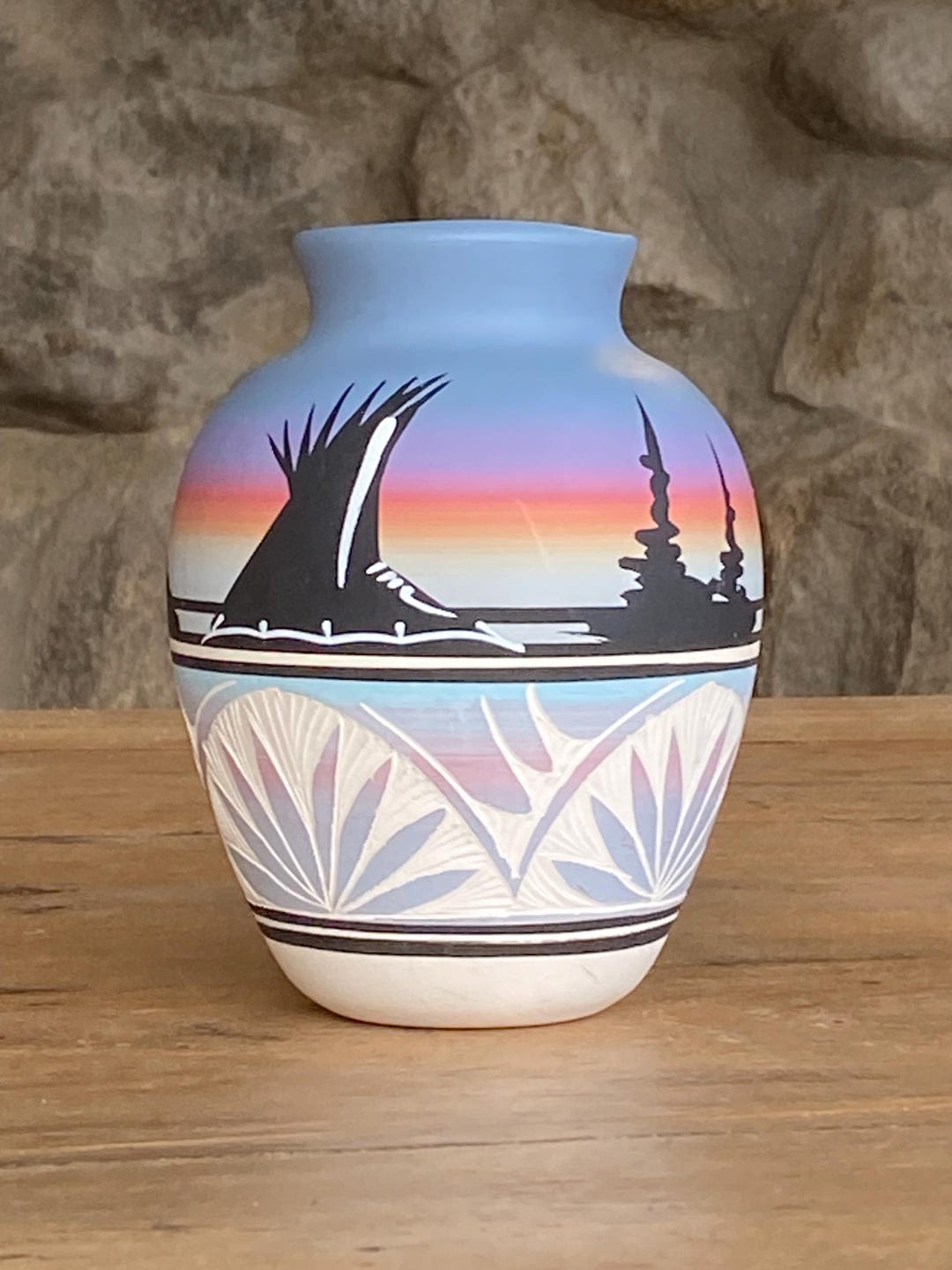 Native American Sunrise Pottery Vase Signed - Etsy
