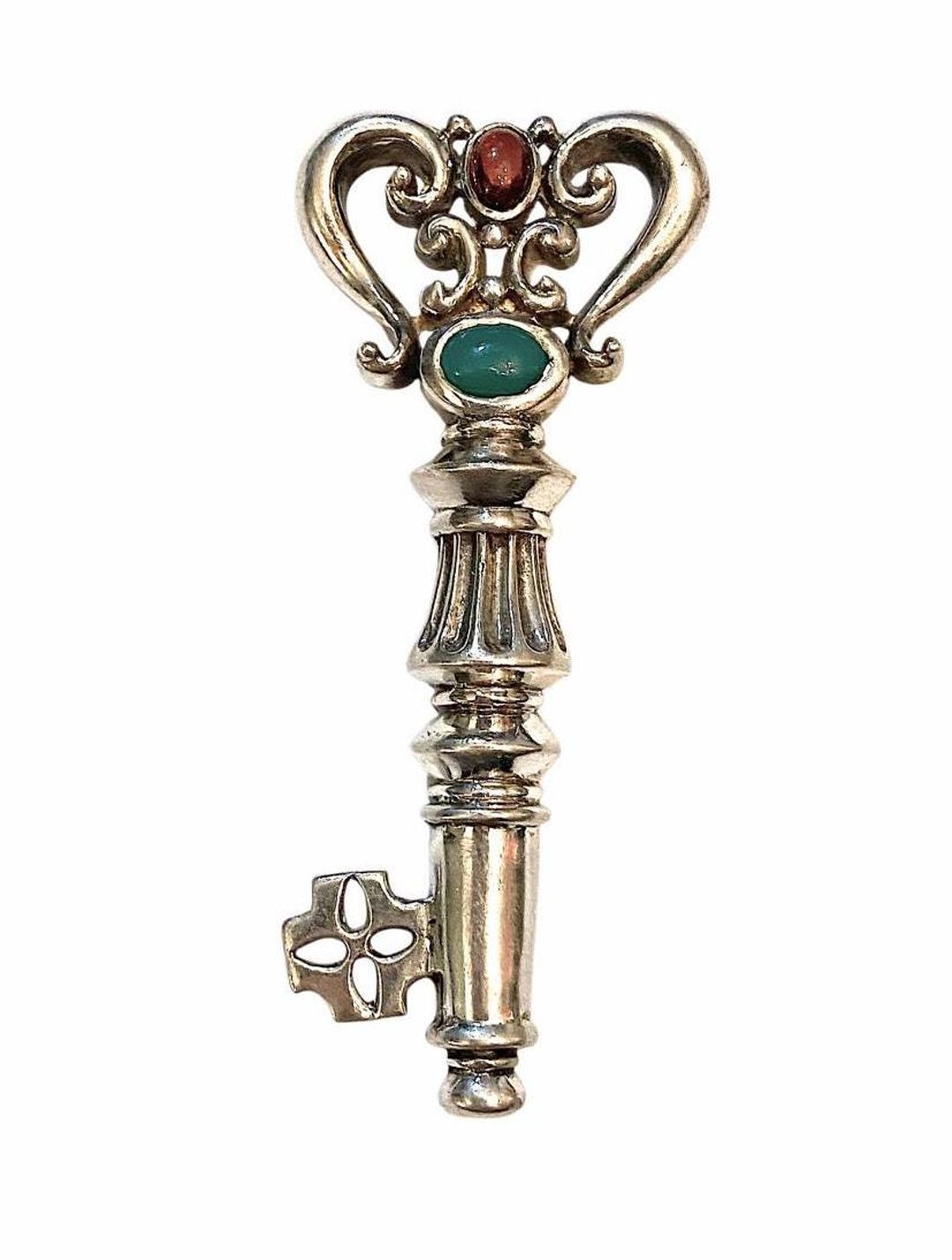Vintage STERLING Silver Skeleton Key Brooch Turquoise Garnet 925 - Etsy