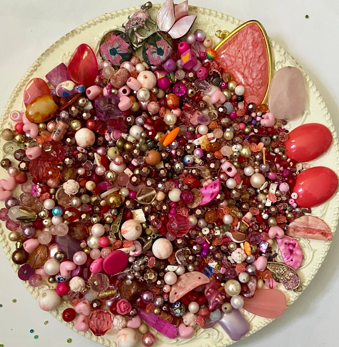 HUGE 2 Pounds Destash Bead Mix Vintage Glass Plastic Wood Stone Red ...