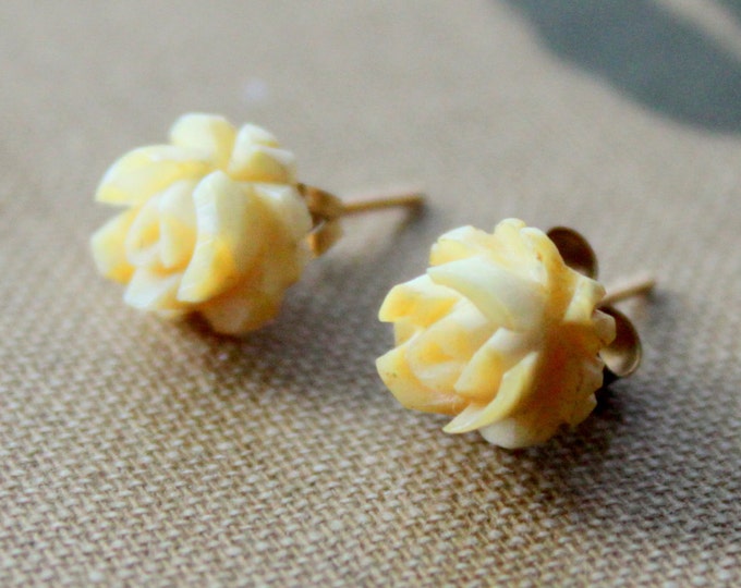 14k Gold Carved Bone Rose Flower Stud Earrings Ivory Vintage - Etsy