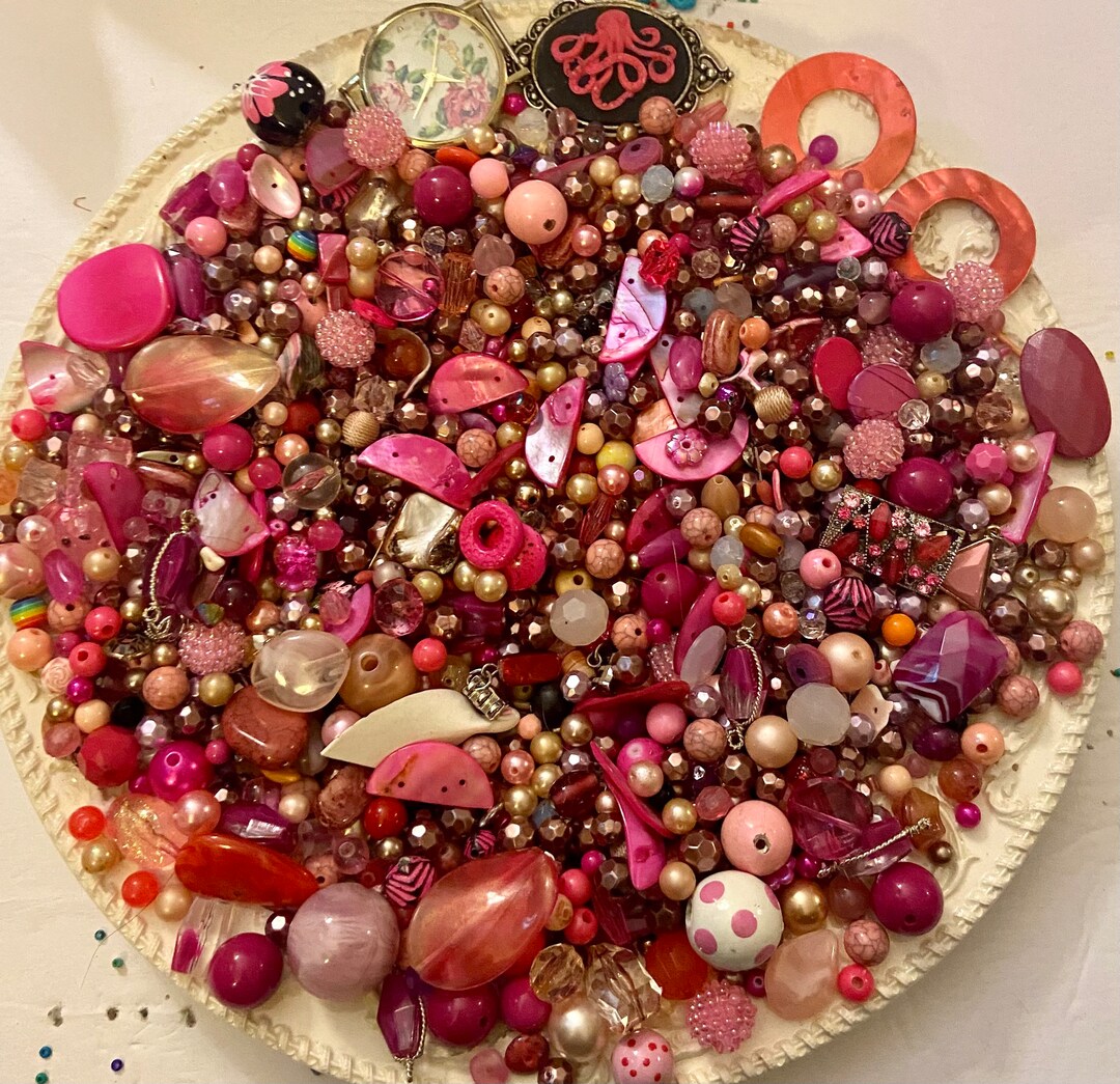 HUGE 2 Pounds Destash Bead Mix Vintage Glass Plastic Wood Stone Red ...