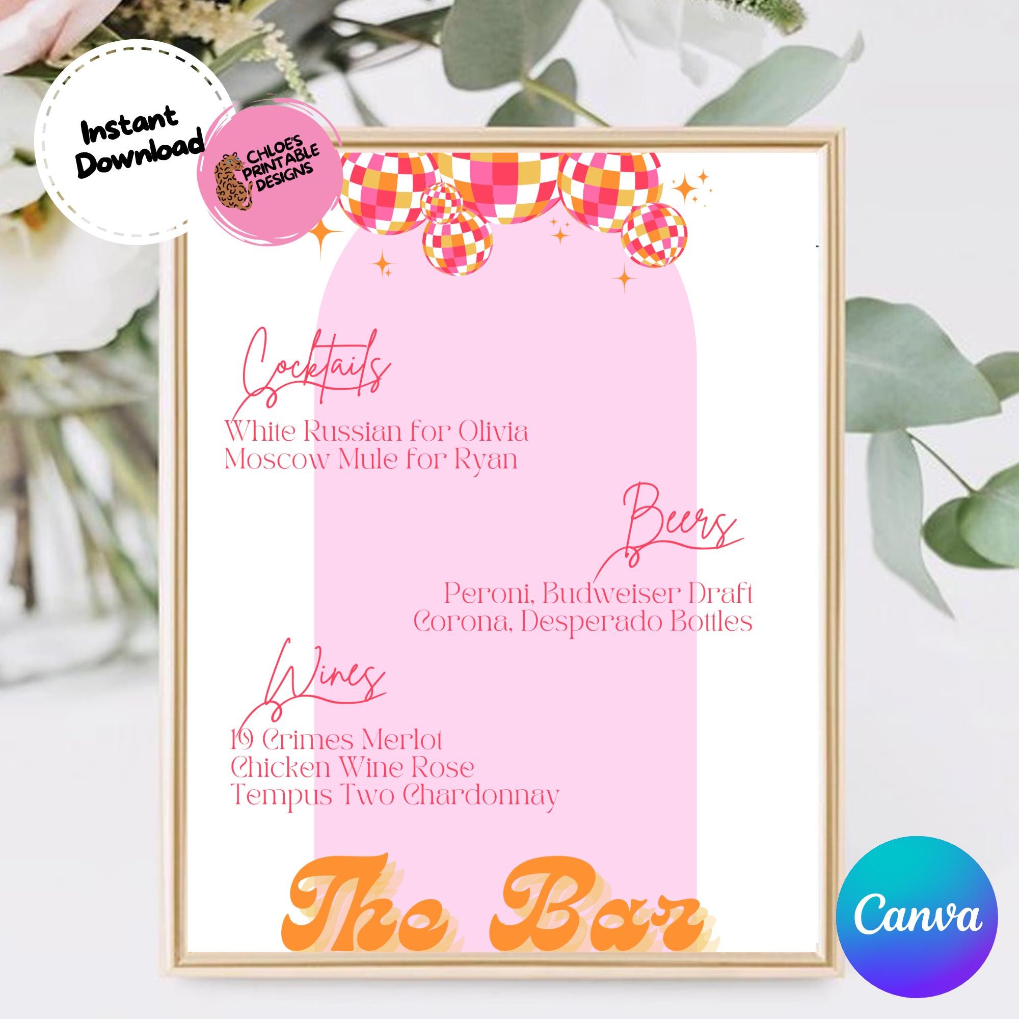 Retro Red Pink Orange Disco Bar Menu Template Editable Wedding Table ...