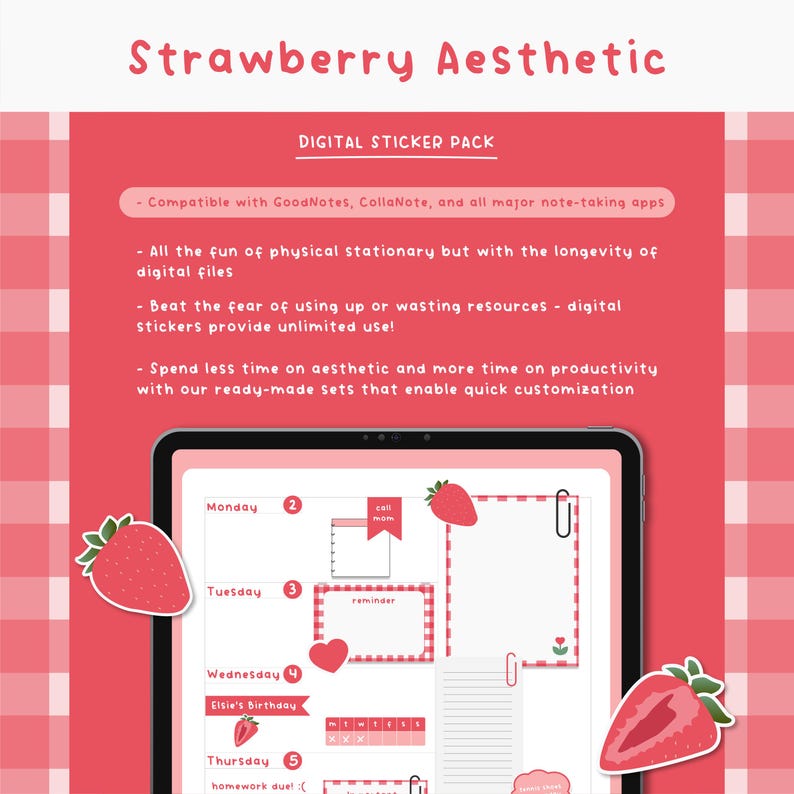 Digital Sticker Pack: Strawberry Aesthetic - Digital Stationery, Sticky ...