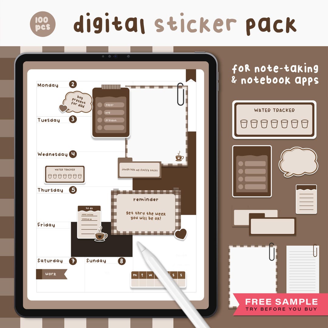 Digital Sticker Pack: Coffee Brown - Digital Stationery, Sticky Notes ...