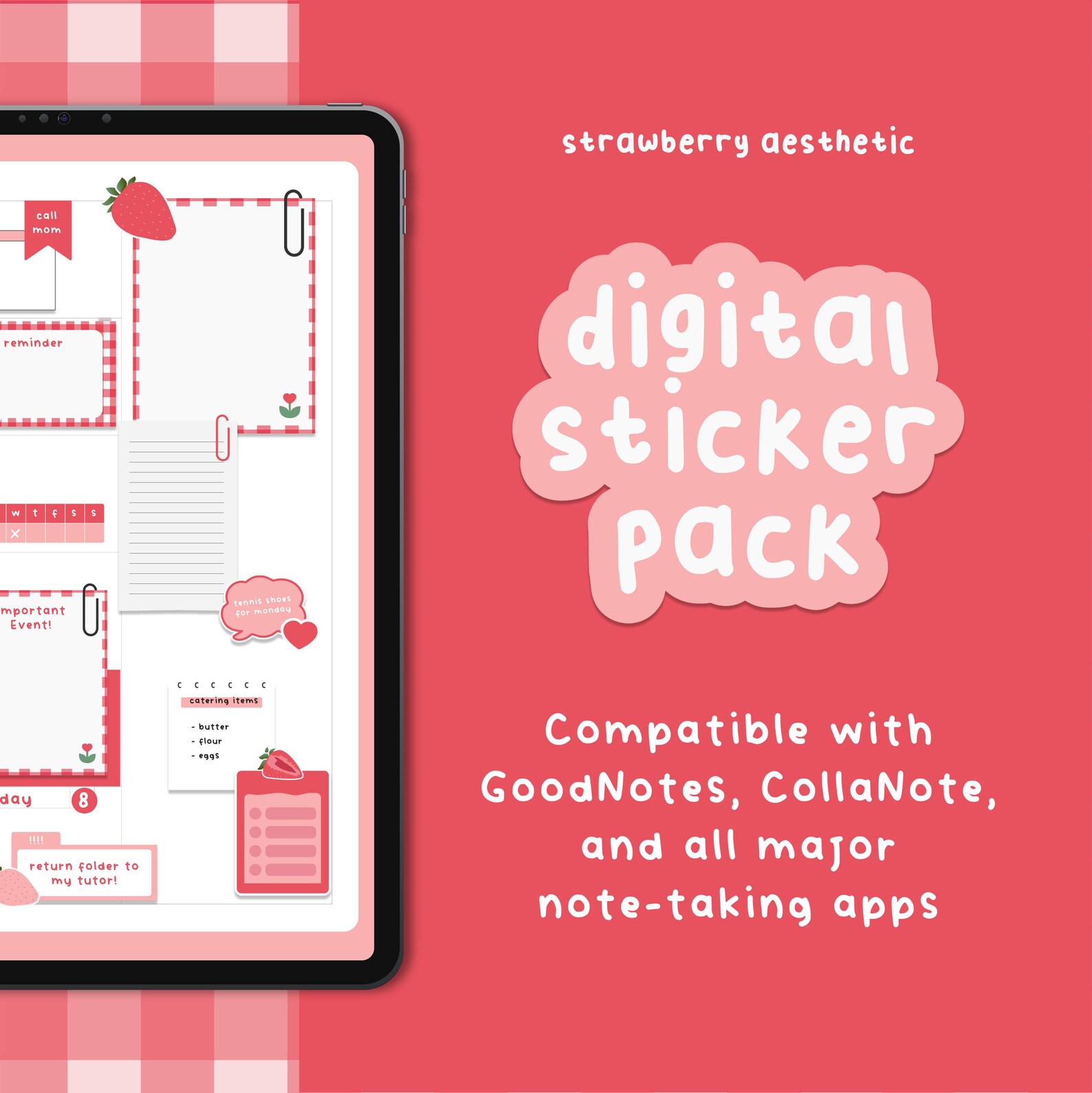 Digital Sticker Pack: Strawberry Aesthetic - Digital Stationery, Sticky ...