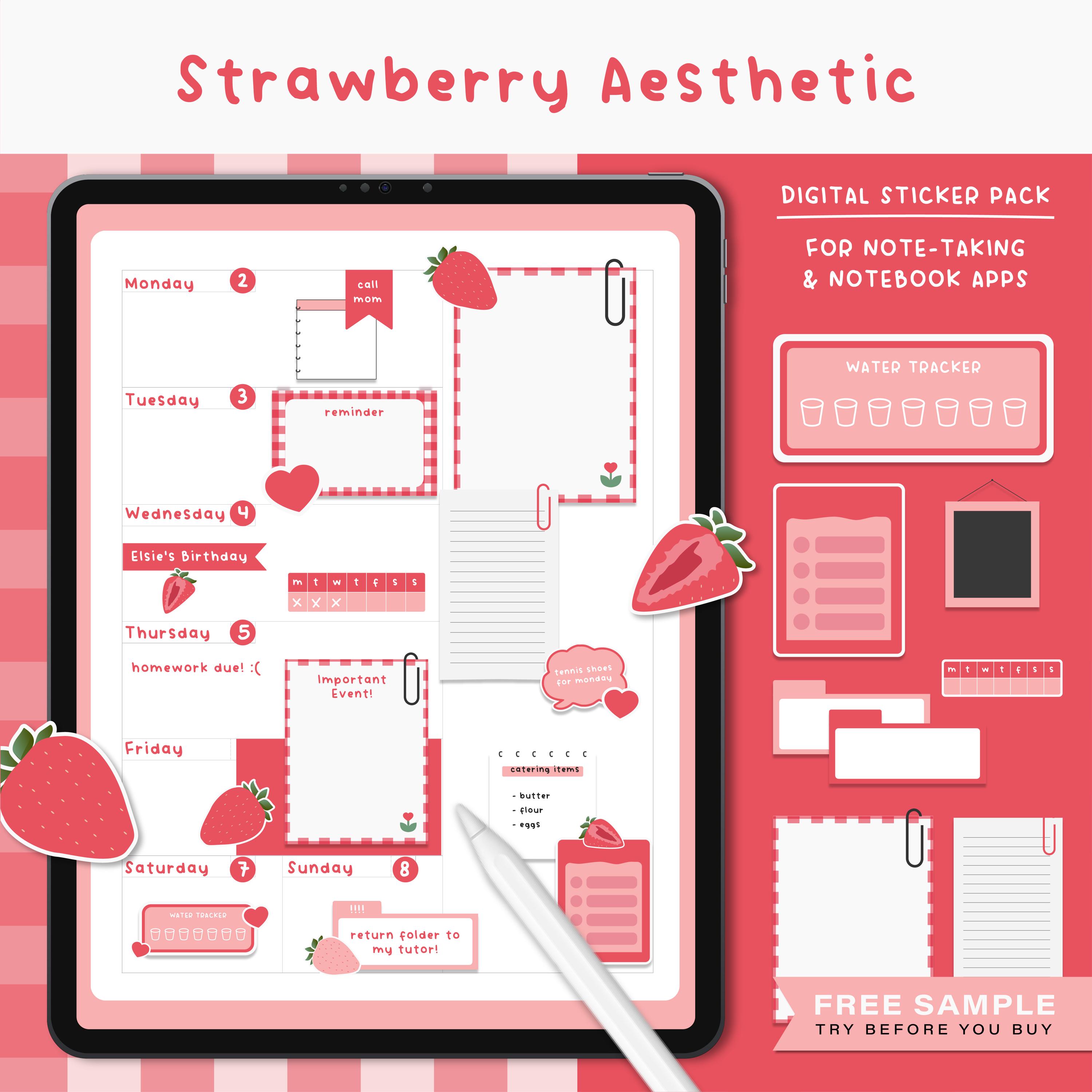 Digital Sticker Pack: Strawberry Aesthetic - Digital Stationery, Sticky ...