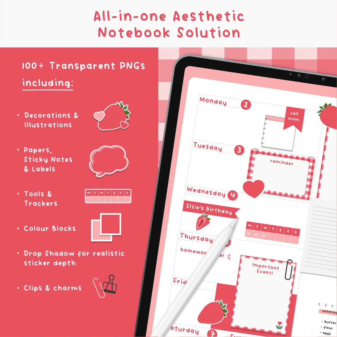 Digital Sticker Pack: Strawberry Aesthetic - Digital Stationery, Sticky ...