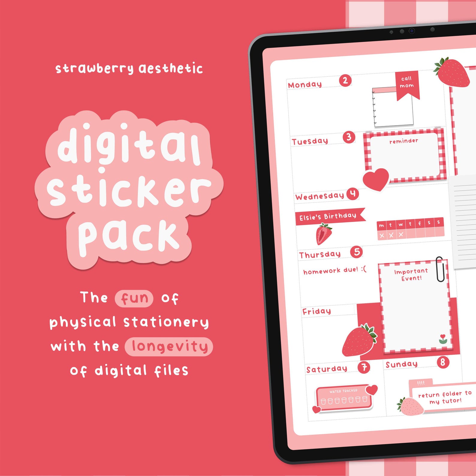 Digital Sticker Pack: Strawberry Aesthetic - Digital Stationery, Sticky ...