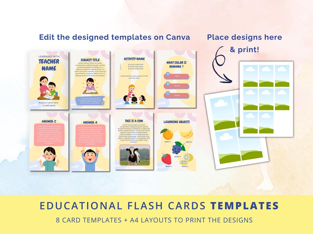 Editable Flash Card Template for Kids's Learning, Canva Template for ...