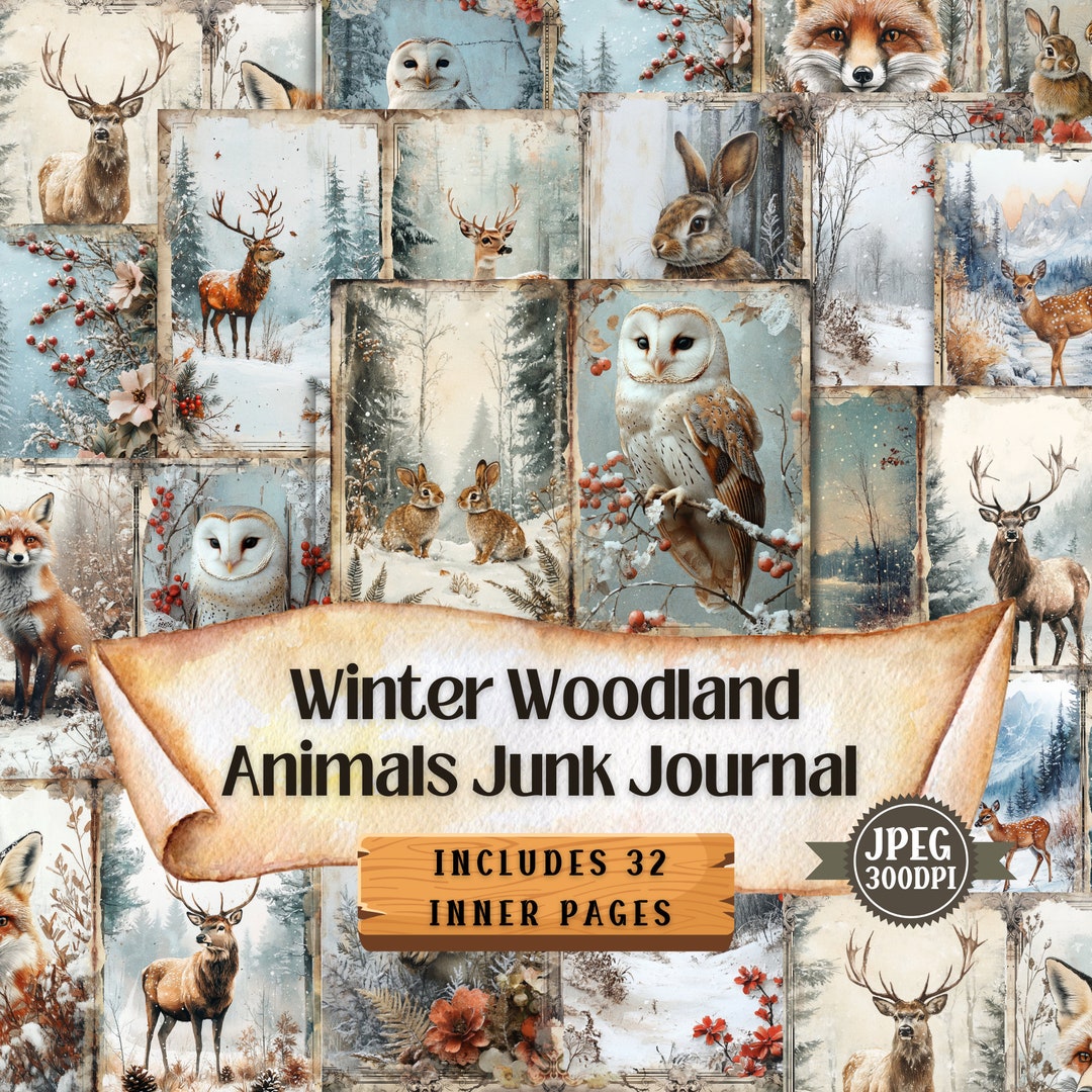 Winter Woodland Animals Junk Journal Kit: Shabby Chic Ephemera (32 JPEG ...