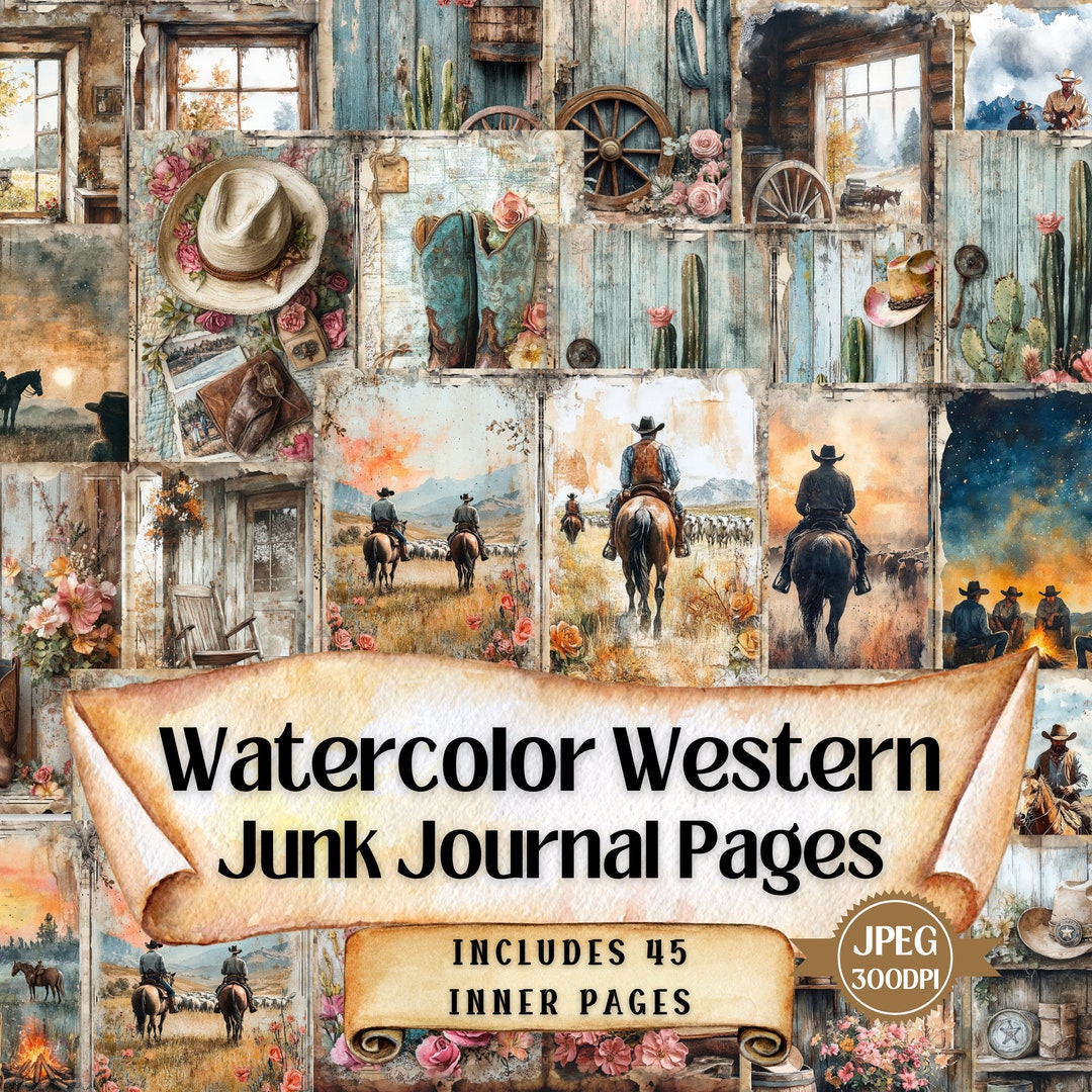 Watercolor Cowboy Junk Journal Kit: Shabby Chic Western Ephemera (45 ...
