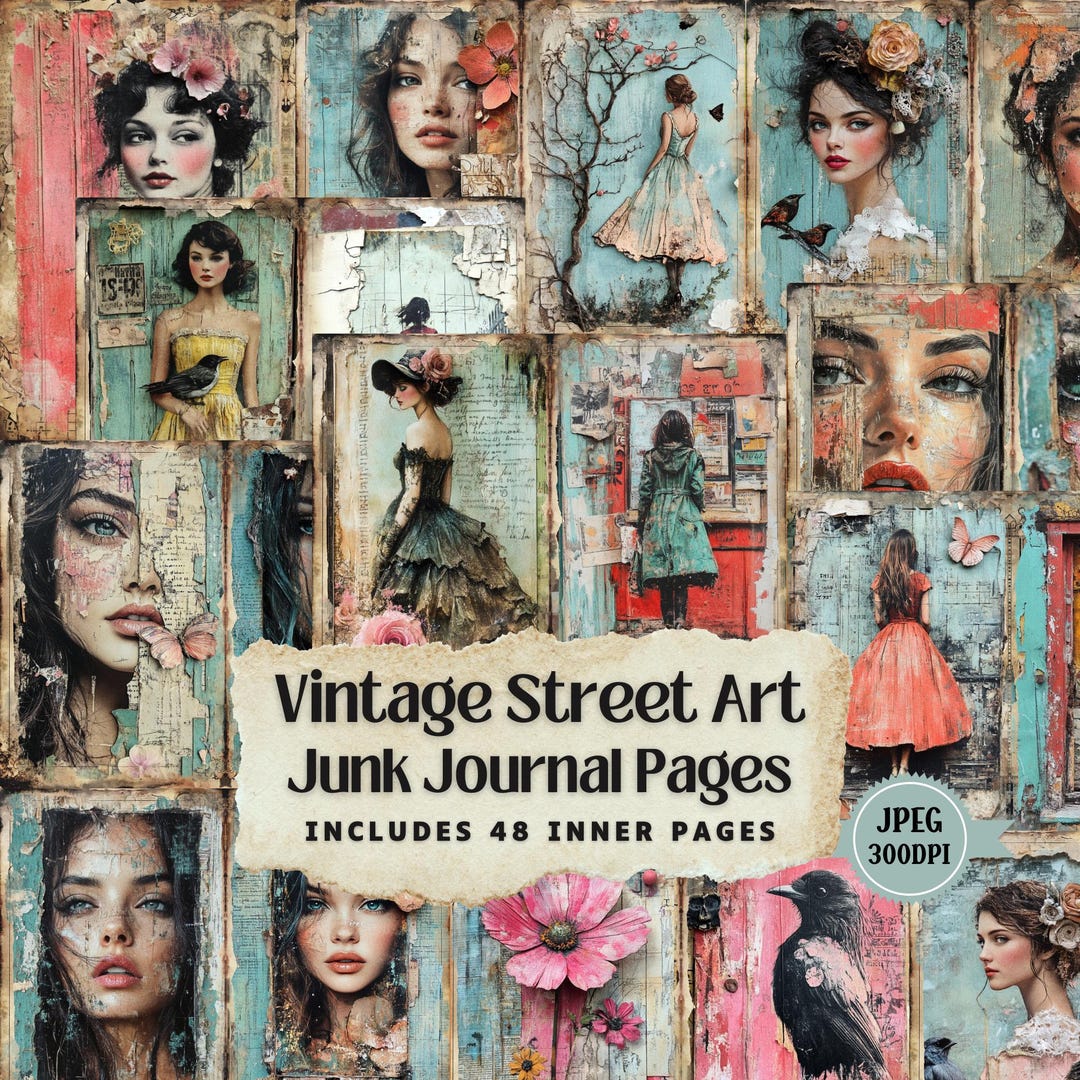Vintage Street Art Junk Journal Pages: Shabby Chic Ephemera (48 JPEG ...