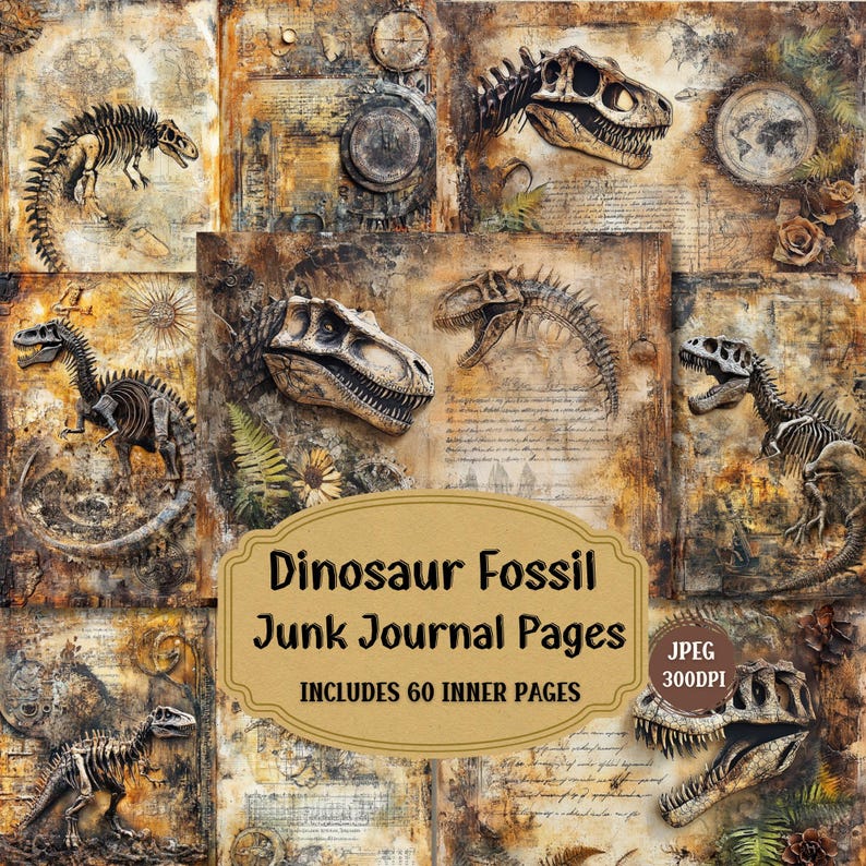 Dinosaur Fossil Junk Journal Pages: Vintage Paleontology Ephemera (JPEG ...
