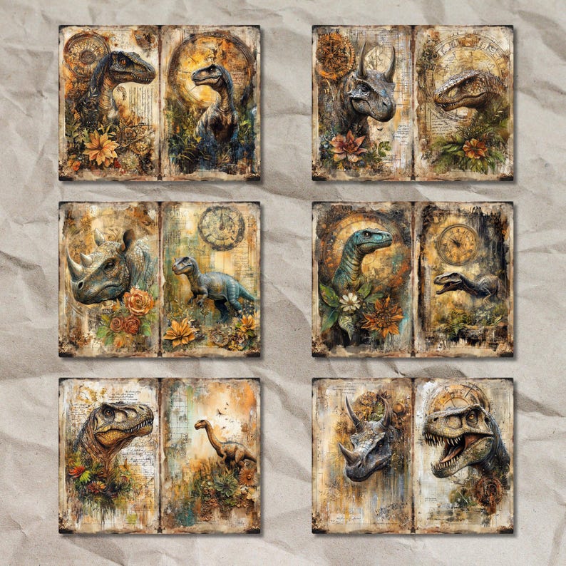Dinosaur Junk Journal Kit: Vintage Fossil Collage, T-rex Art (48 JPEG ...
