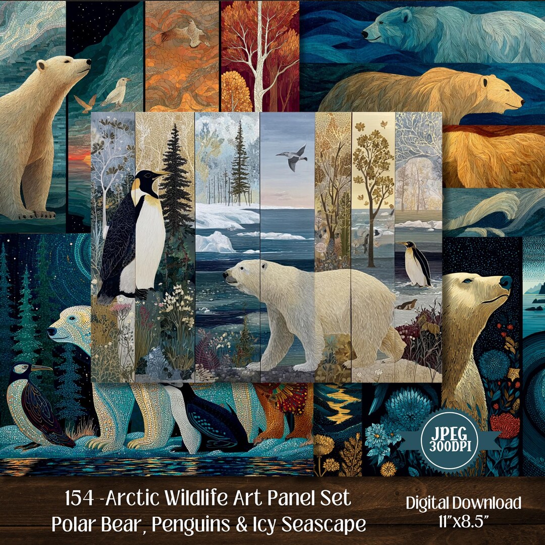 Arctic Wildlife Art Panel Set | Polar Bear, Penguins & Icy Seascape ...