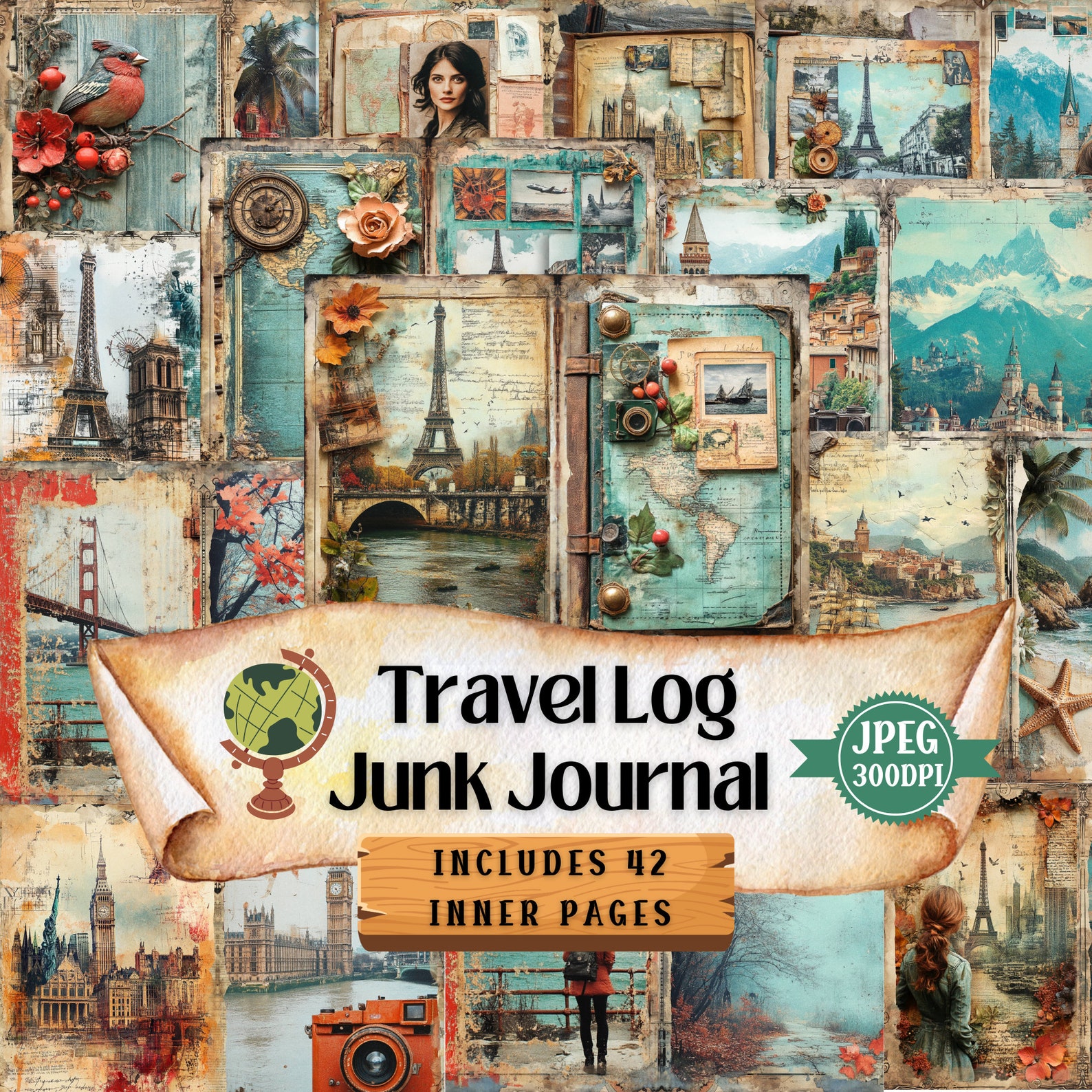 Vintage Travel Junk Journal Kit: Shabby Chic Ephemera (42 JPEG Pages ...