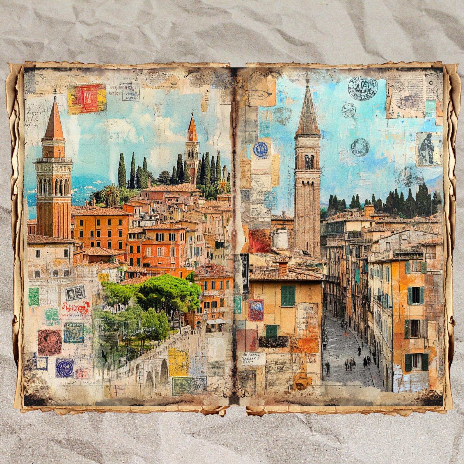 Italy Scrapbook Paper: Vintage Stamps, Shabby Chic Ephemera (45 JPEG ...