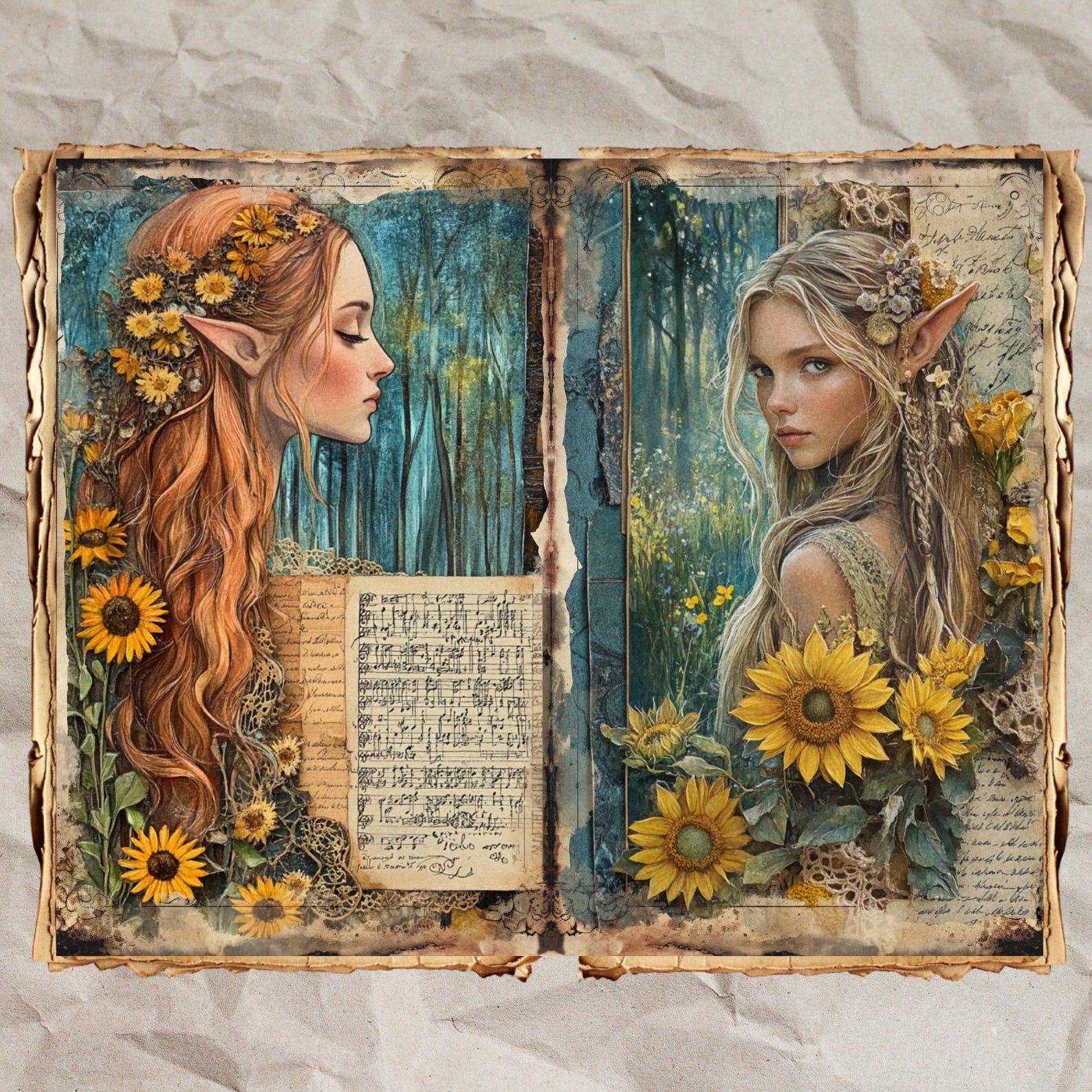 Elf & Sunflower Junk Journal Kit: Vintage Forest Ephemera (46 JPEG) - Etsy