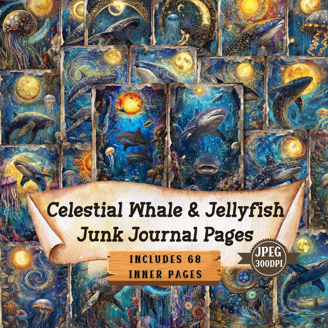 Celestial Whale & Jellyfish Junk Journal Pages: Fantasy Ocean Scrapbook ...