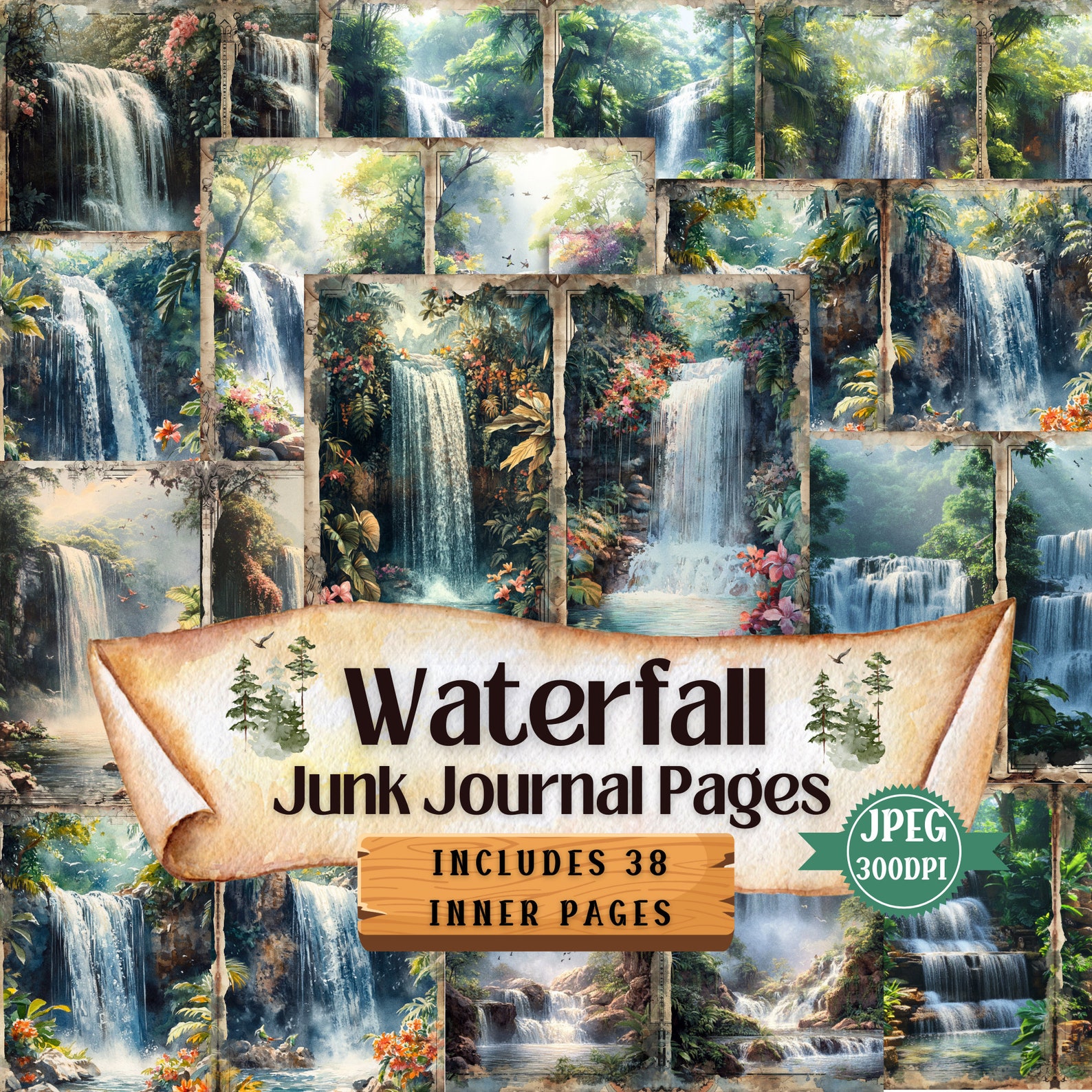 Watercolor Waterfall Junk Journal Kit: Shabby Chic Ephemera (38 JPEG ...