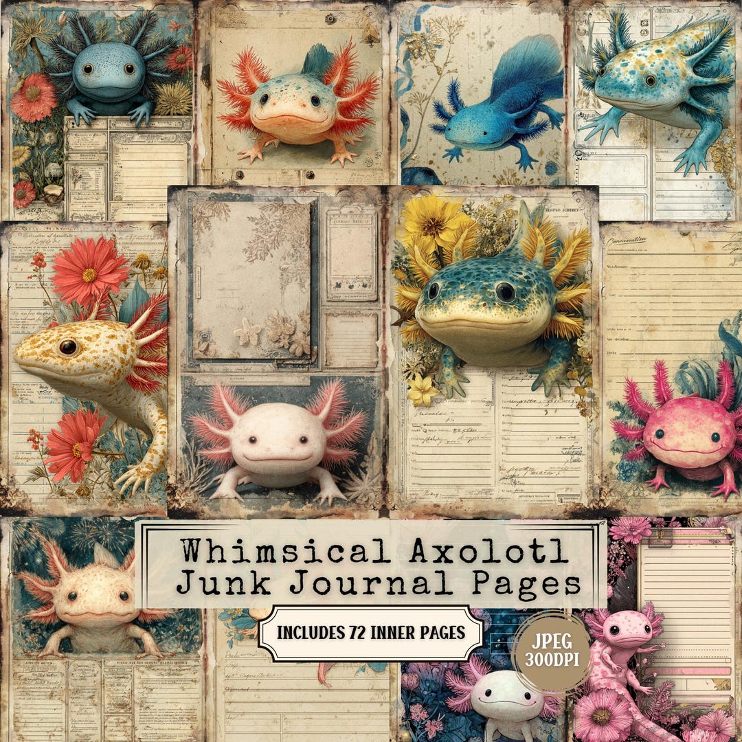 Whimsical Axolotl Junk Journal Pages, Pastel Aquatic Theme (digital ...