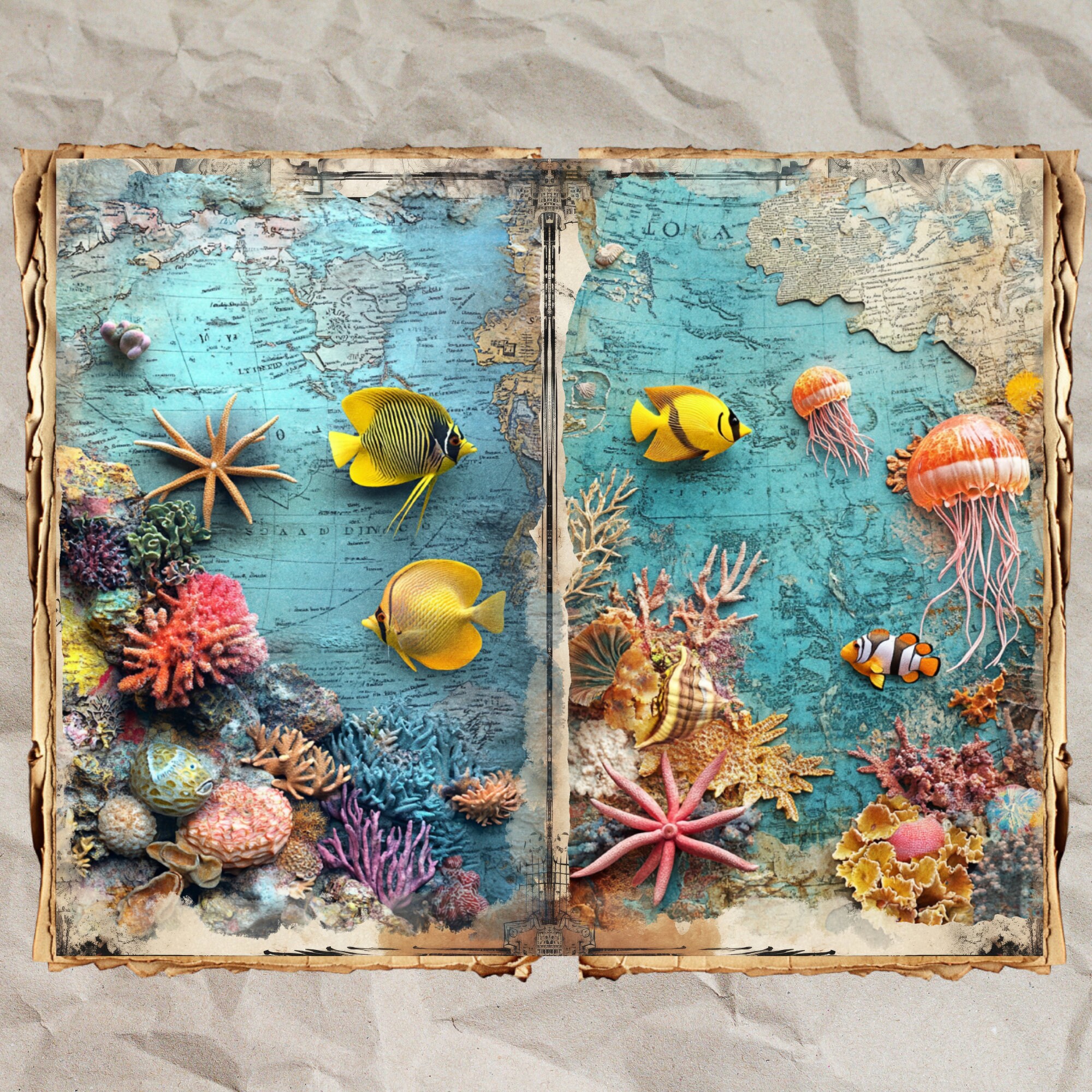 Sea Creatures Junk Journal Printable Pages, Underwater Scene Vintage ...