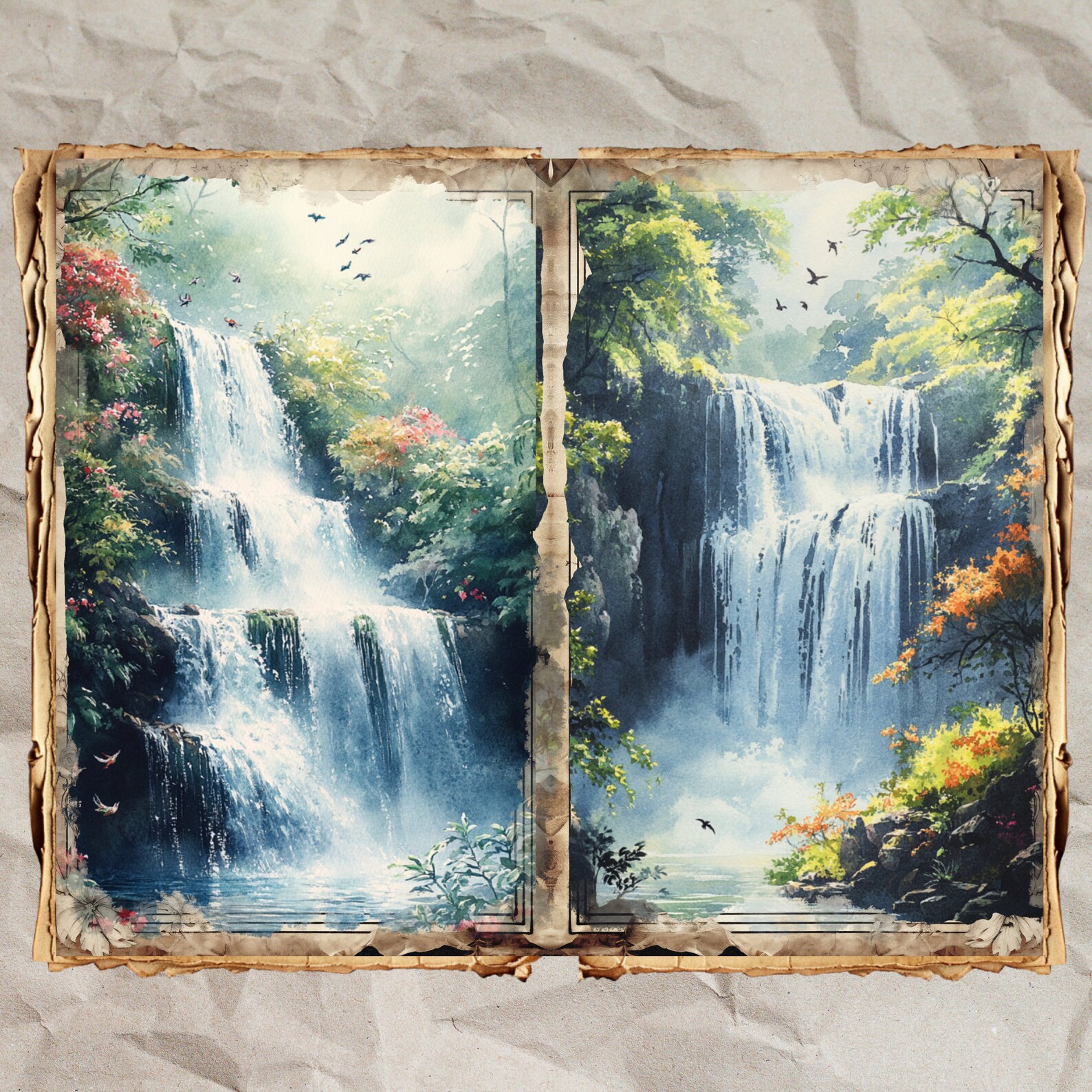Watercolor Waterfall Junk Journal Kit: Shabby Chic Ephemera (38 JPEG ...