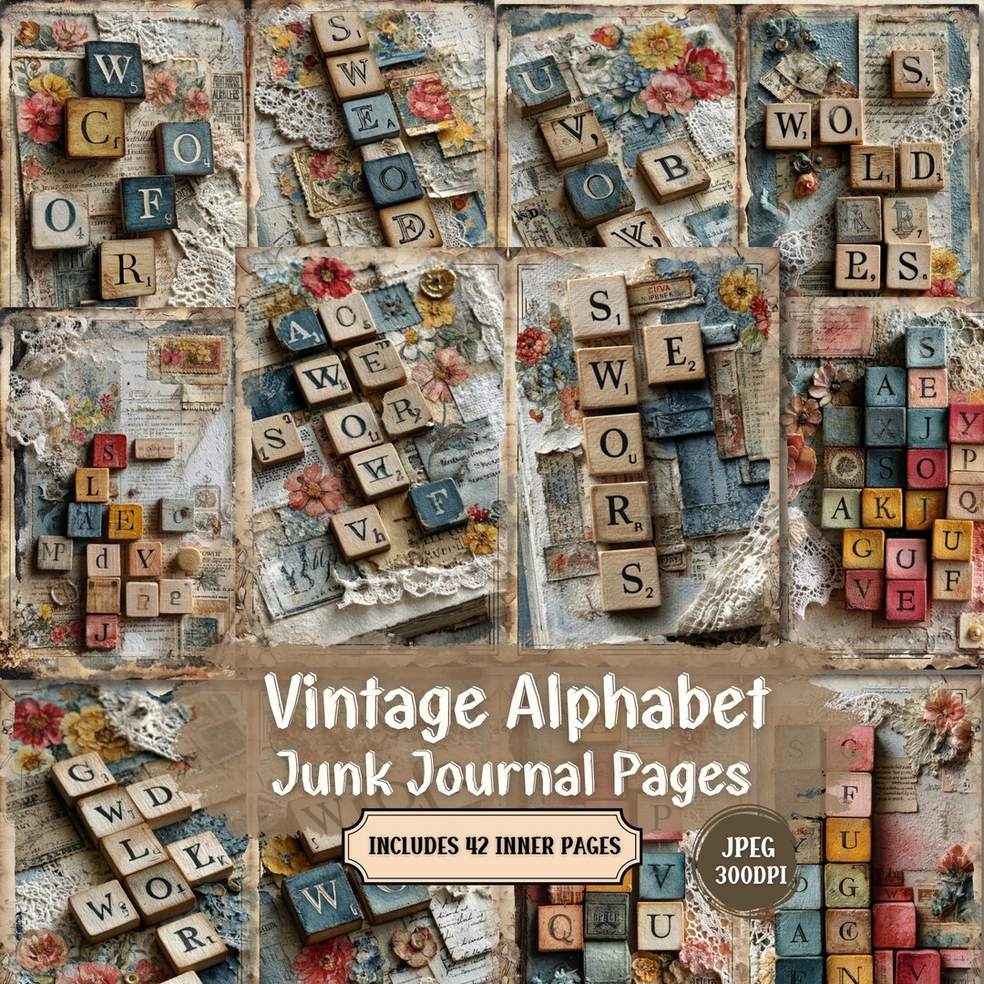 Vintage Alphabet Junk Journal Pages: Shabby Chic Scrabble Collage ...