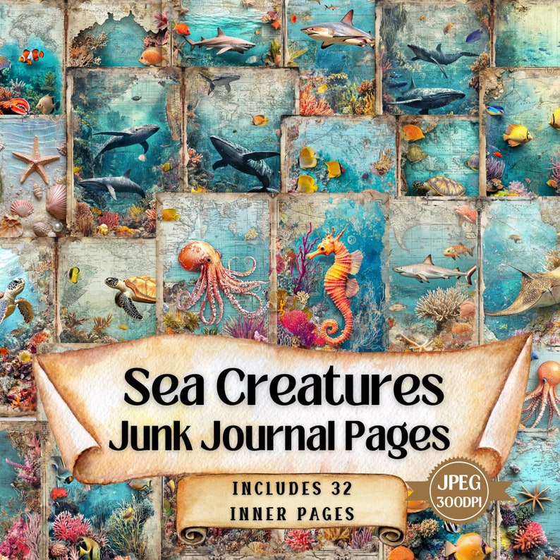 Sea Creatures Junk Journal Printable Pages, Underwater Scene Vintage ...