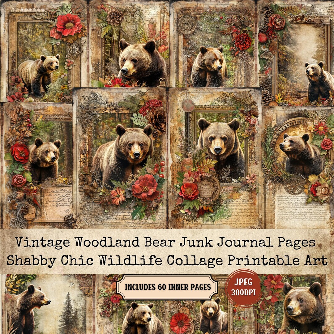Vintage Woodland Bear Junk Journal Pages | Autumn Forest Bears With ...