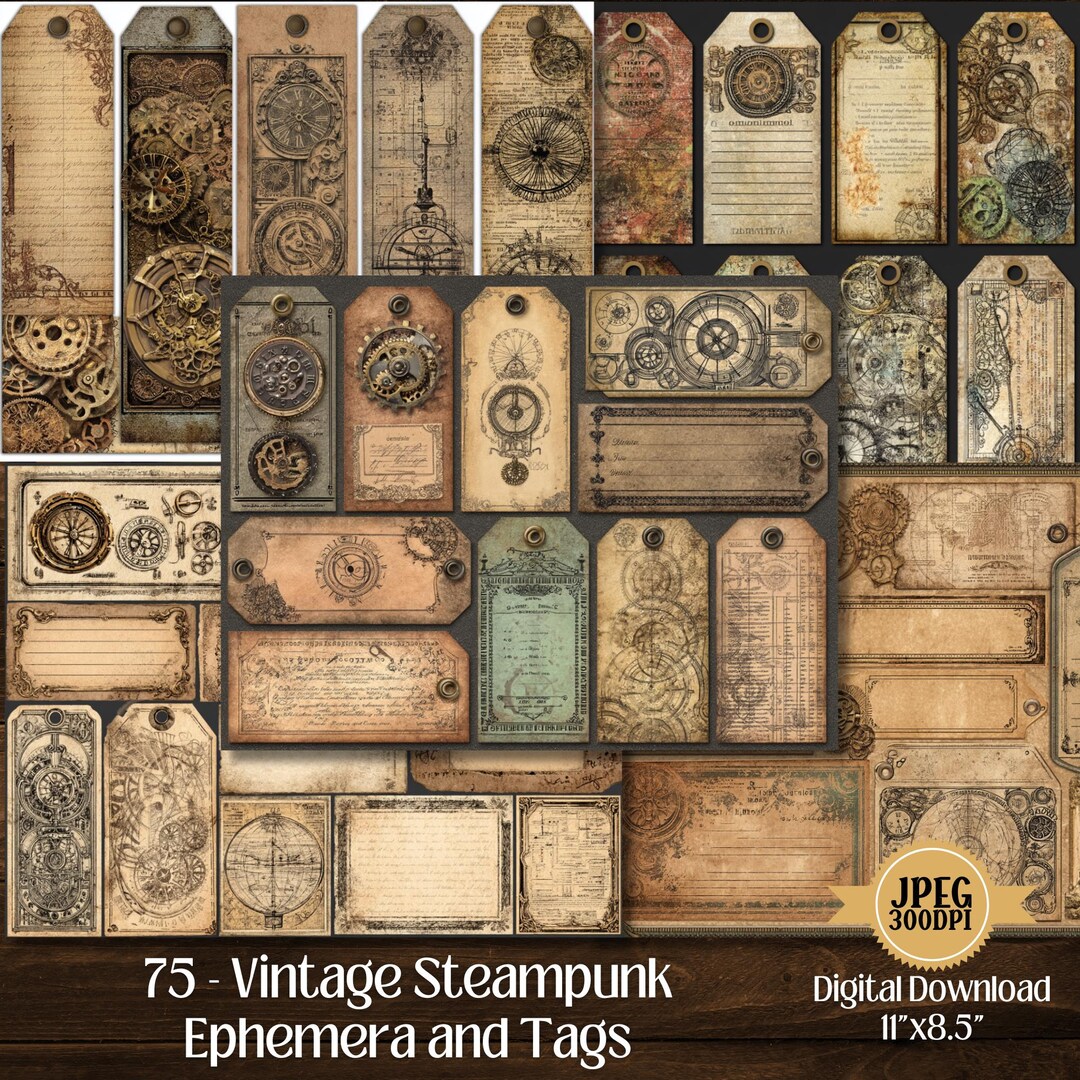 Steampunk Clockwork Tags Printable, Vintage Timepiece Label Ephemera ...